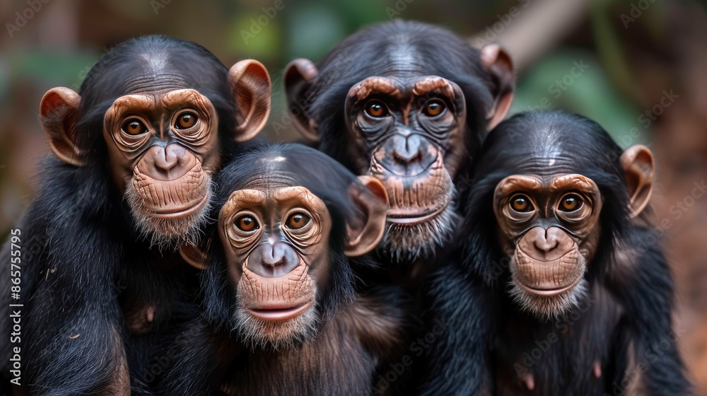 Four baby monkeys are standing close together, looking at the camera ...