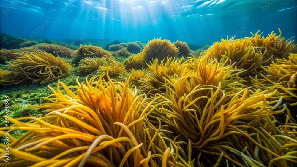 Golden-brown Ascophyllum nodosum seaweed knotted strands entwined on ...