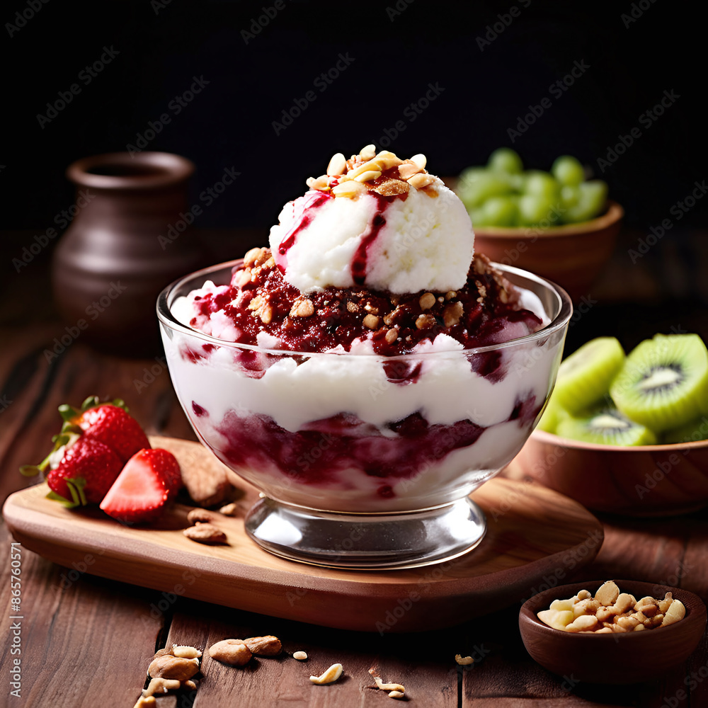 Korean traditional patbingsu with sweet red bean, vanilla ice cream ...
