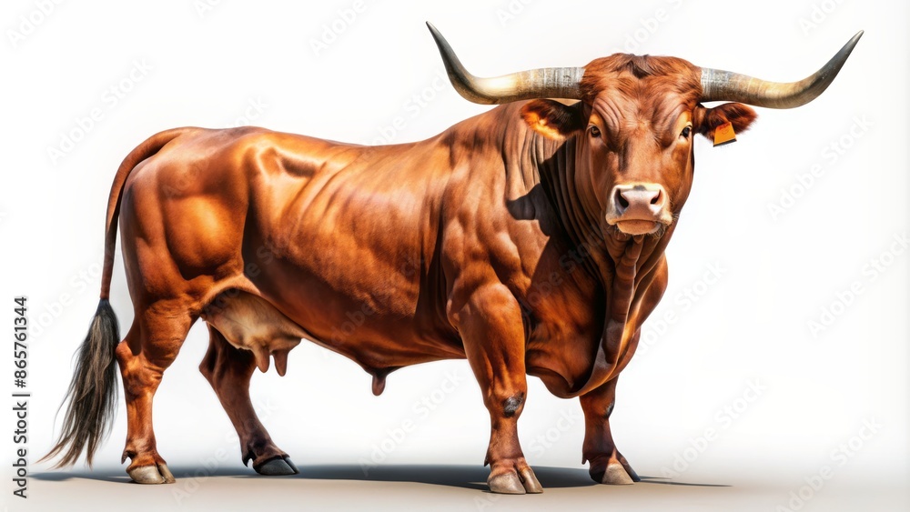 Majestic brown bull standing confidently on a clean white background ...