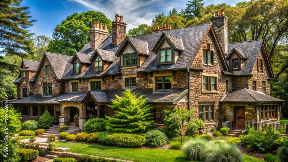 Exquisite rustic brownstone mansion with multiple dormer windows ...