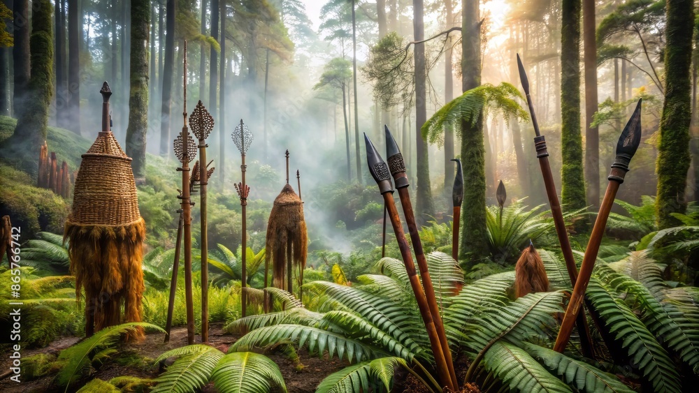 Dense forest landscape with abandoned traditional Maori hunting gear ...