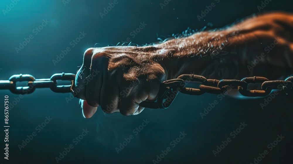 powerful closeup of breaking chains around muscular arm dramatic ...