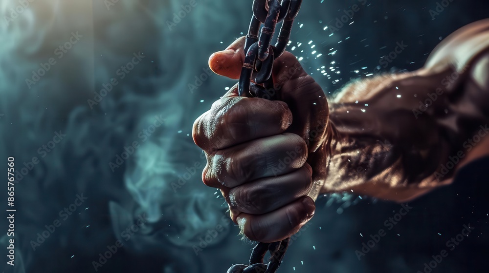 powerful closeup of breaking chains around muscular arm dramatic ...