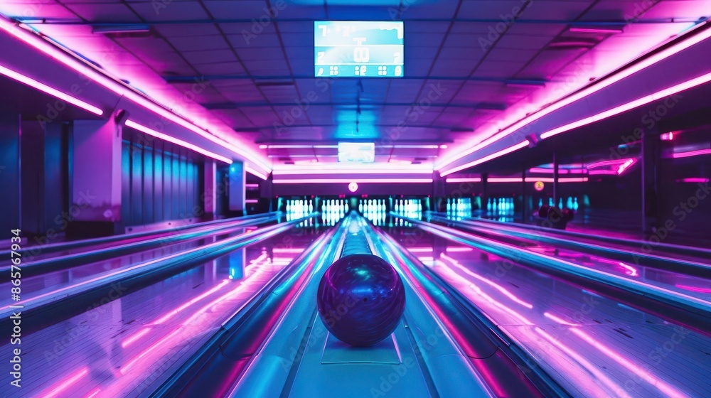 retrofuturistic bowling alley neonlit lanes sleek bowling ball ...