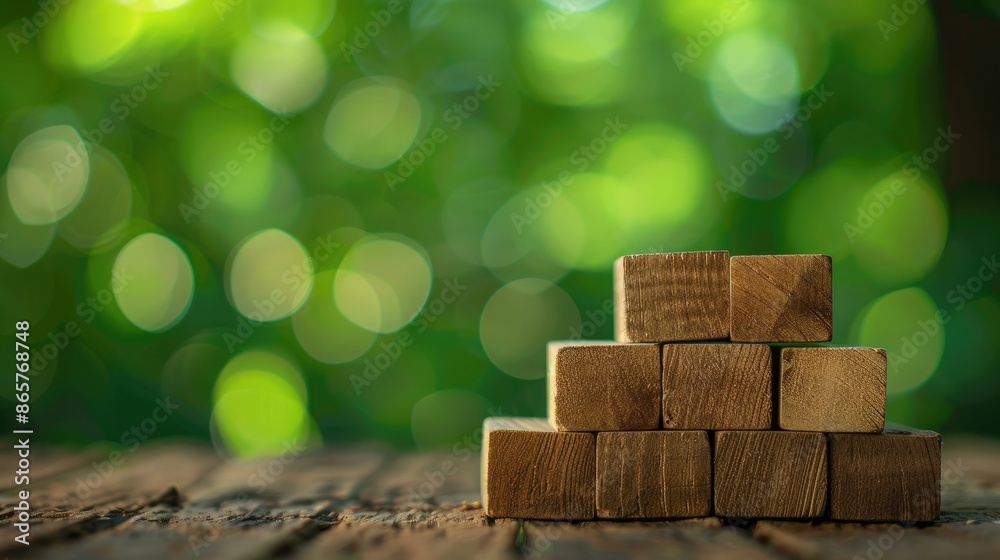 Rectangular wooden blocks stacked on table with blurred green ...