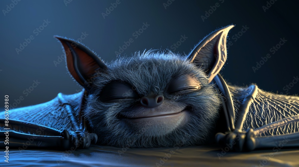 3D illustration of a cute and fluffy gray bat sleeping soundly with a ...