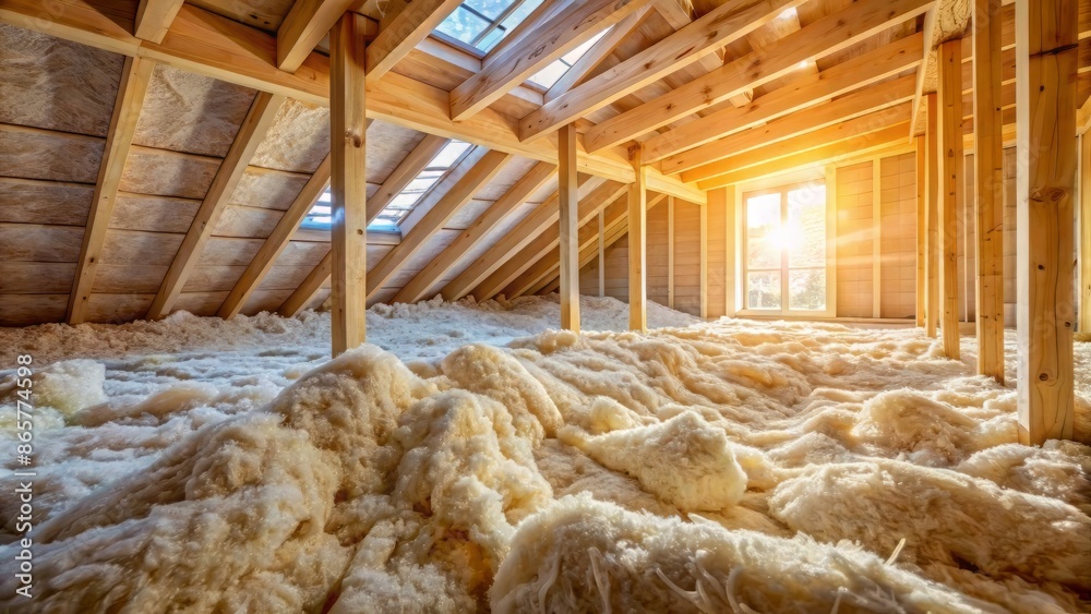 Fluffy white cellulose insulation fills the frame, its soft fibers ...