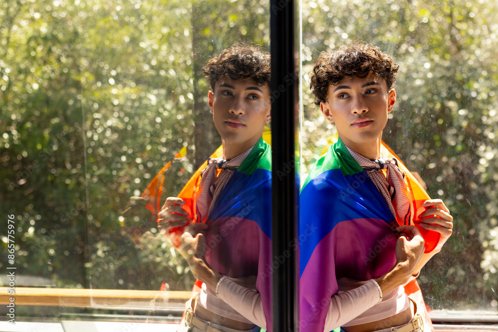 Holding rainbow flag, transgender woman standing by window with ...