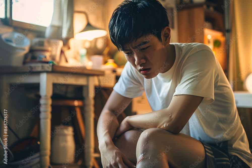 Unhealthy unhappy sad Asia guy with red rash hurt leg. Young Asian Guy ...
