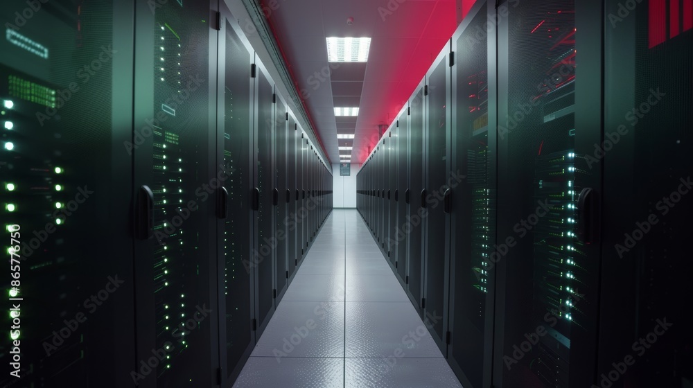 Shot of Corridor in Working Data Center Full of Rack Servers and Supercomputers with Internet ...