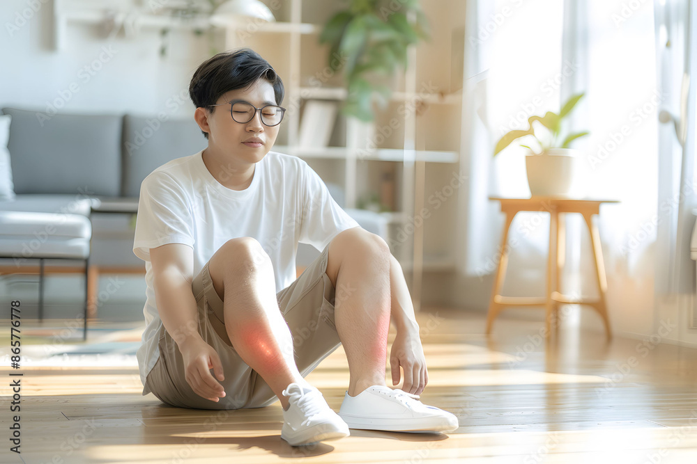 Unhealthy unhappy sad Asia guy with red rash hurt leg. Young Asian Guy ...