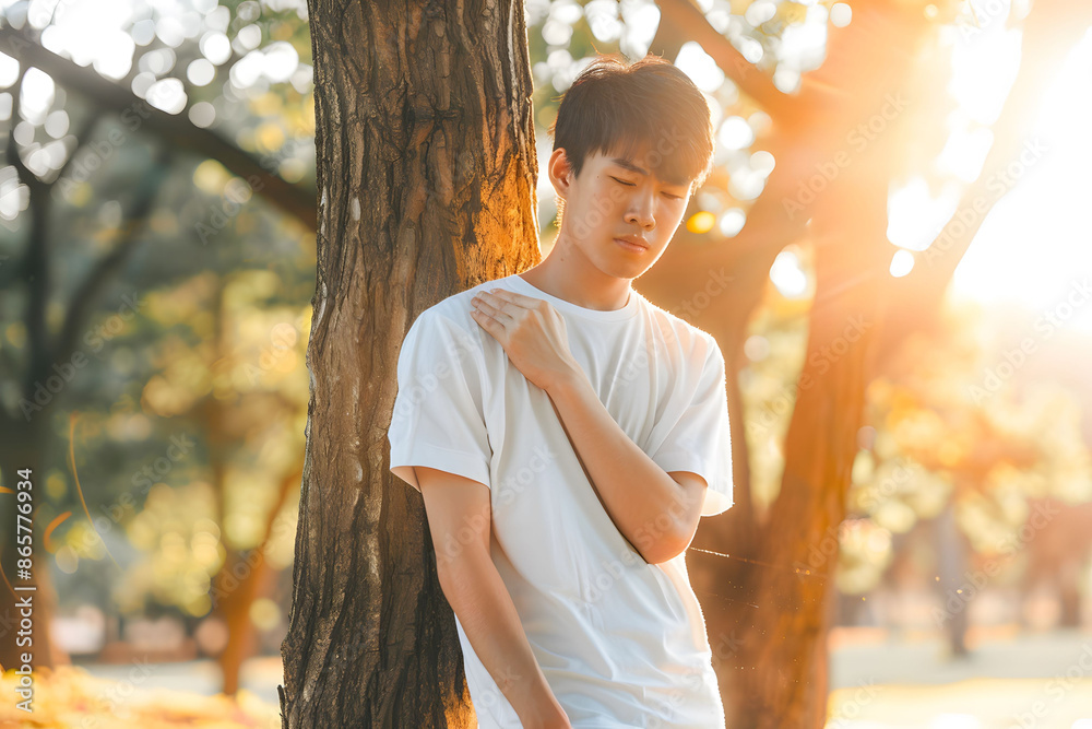 Unhealthy unhappy sad Asia guy with red rash hurt leg. Young Asian Guy ...