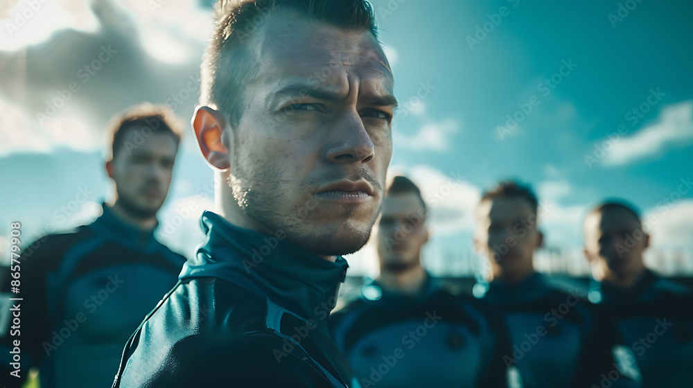 Group of sportsmen infront of a sports complex Defocussed backdrop ...