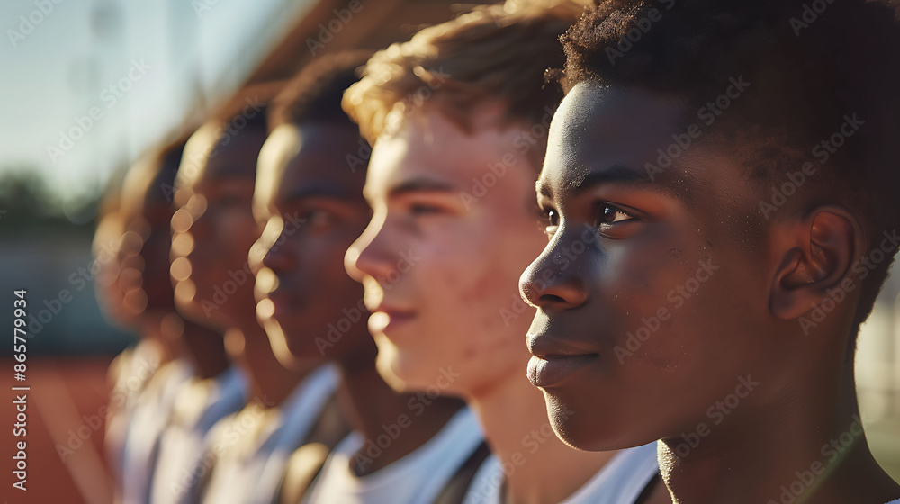 Group of sportsmen infront of a sports complex Defocussed backdrop ...