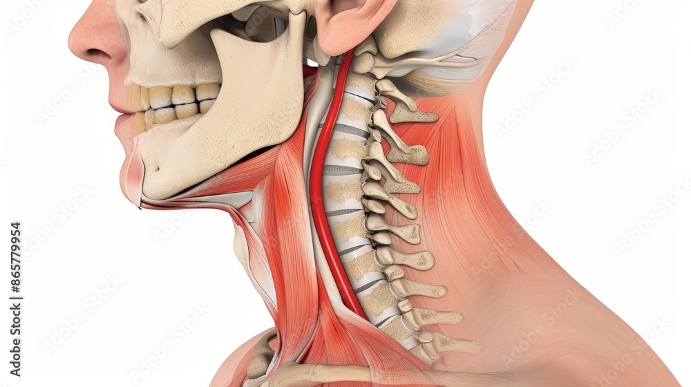 Side view of a human neck, showcasing the anatomy of the spine, muscles ...