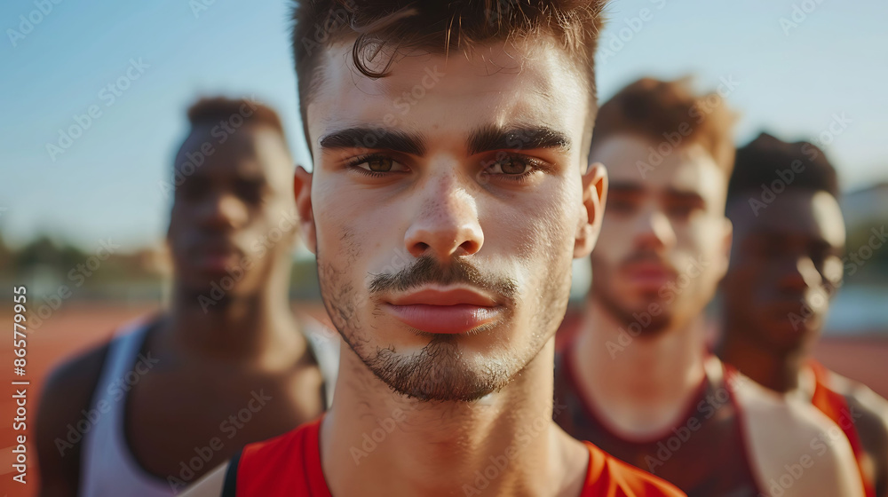 Group of sportsmen infront of a sports complex Defocussed backdrop ...