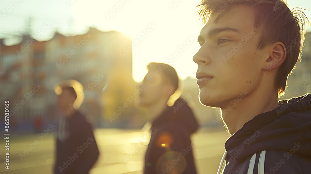 Group of sportsmen infront of a sports complex Defocussed backdrop ...