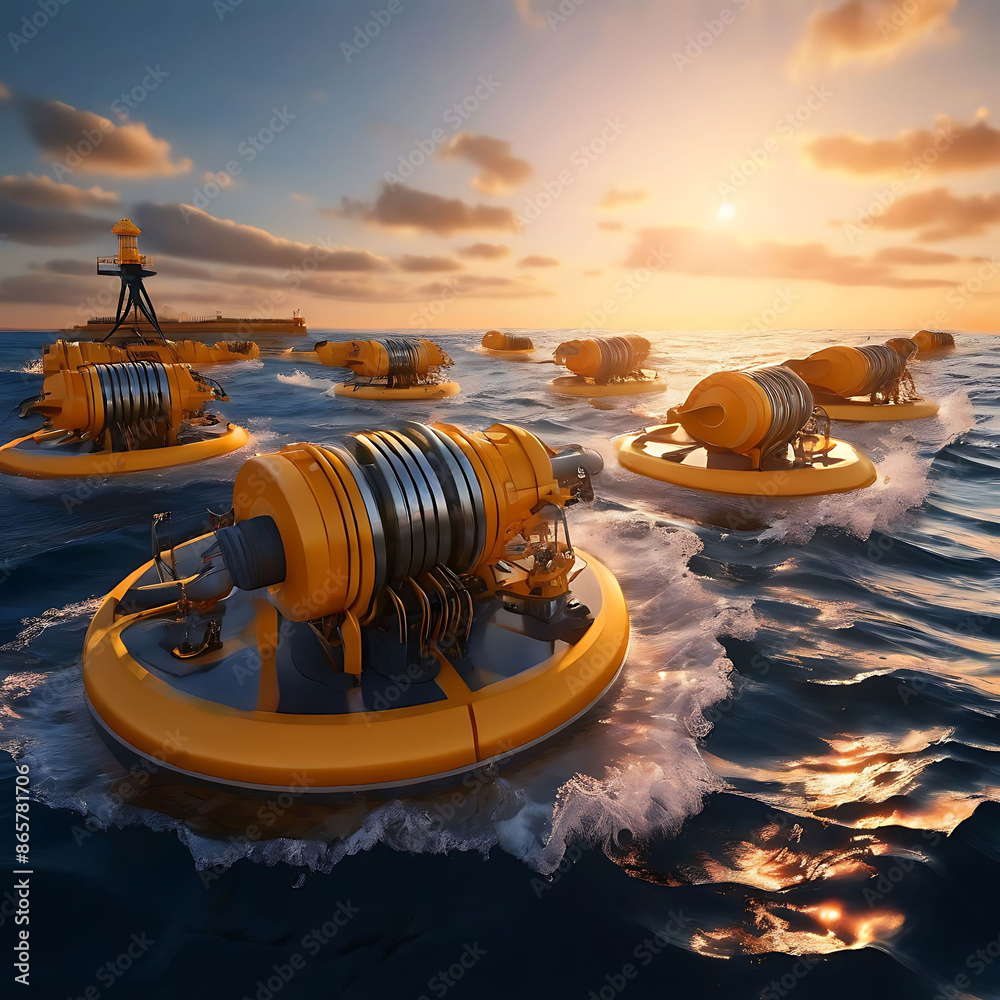 A futuristic offshore wave energy farm with rows of wave energy ...