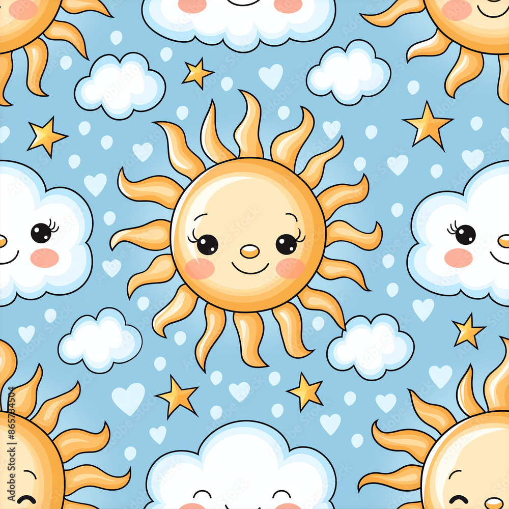 Cute Cartoon Smiling Sun Clouds Seamless Pattern Art Illustration ...