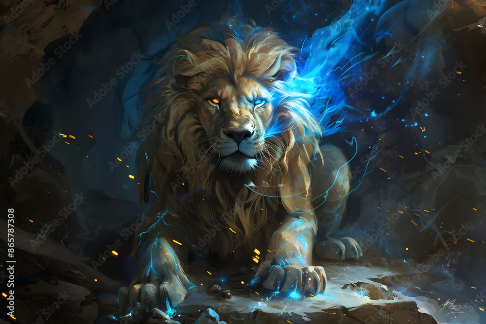 Majestic Fantasy Lions: Legendary Creatures in Gold and Blue Tones in ...