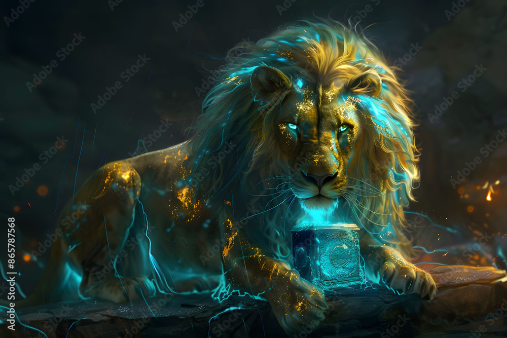 Majestic Fantasy Lions: Legendary Creatures in Gold and Blue Tones in ...