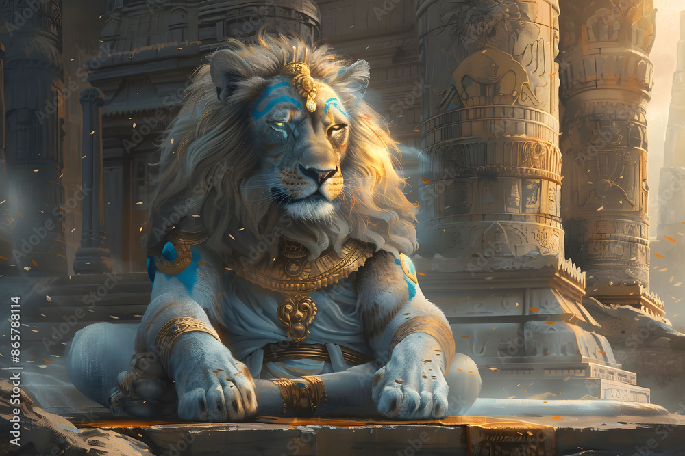 Majestic Fantasy Lions: Legendary Creatures in Gold and Blue Tones in ...