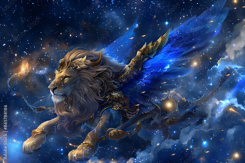 Majestic Fantasy Lions: Legendary Creatures in Gold and Blue Tones in ...