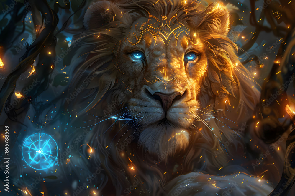 Majestic Fantasy Lions: Legendary Creatures in Gold and Blue Tones in ...