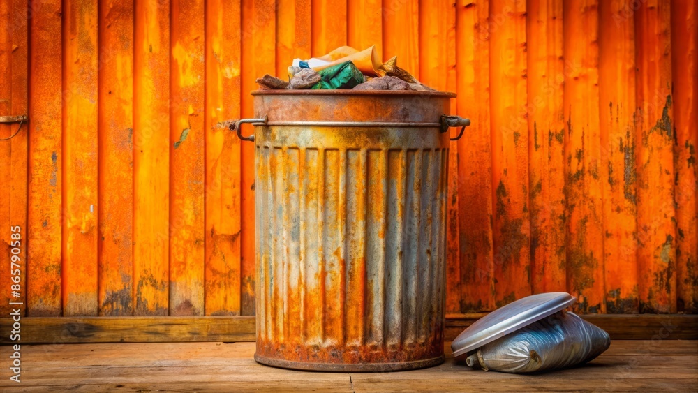 Brightly colored orange background prominently features a worn-out ...