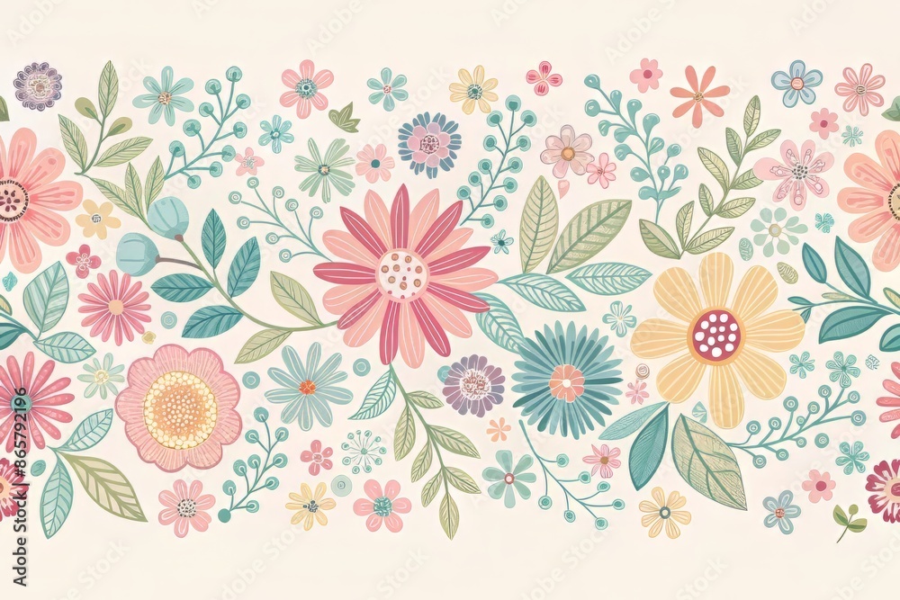 Whimsical hand-drawn flower pattern forms a seamless repeating border ...