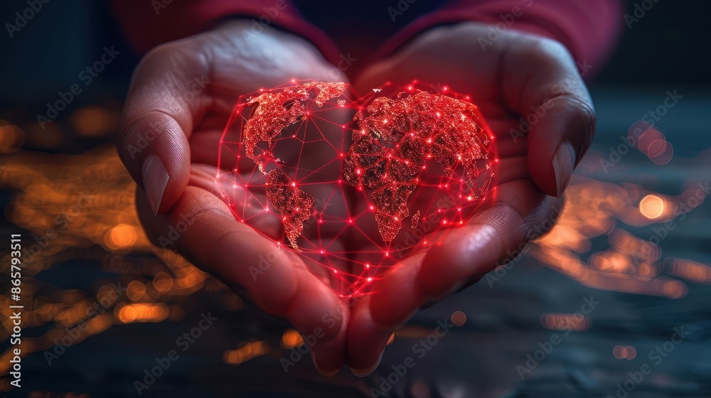 conceptual image of hands forming a heart shape filled with a complex ...