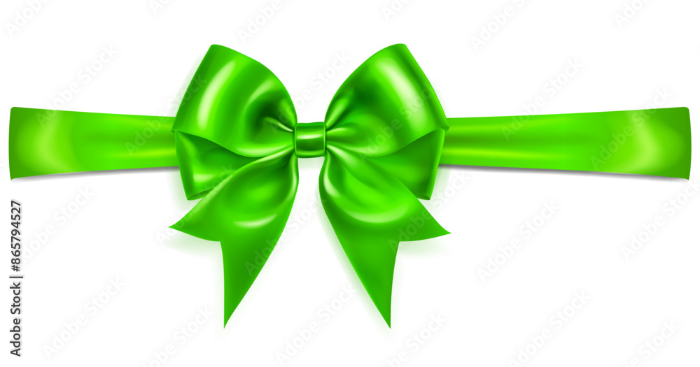 Beautiful large green shiny bow with horizontal ribbon and soft shadow ...
