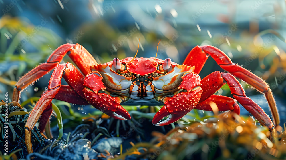 Closeup macro photography of a large red crab with very prominent and ...