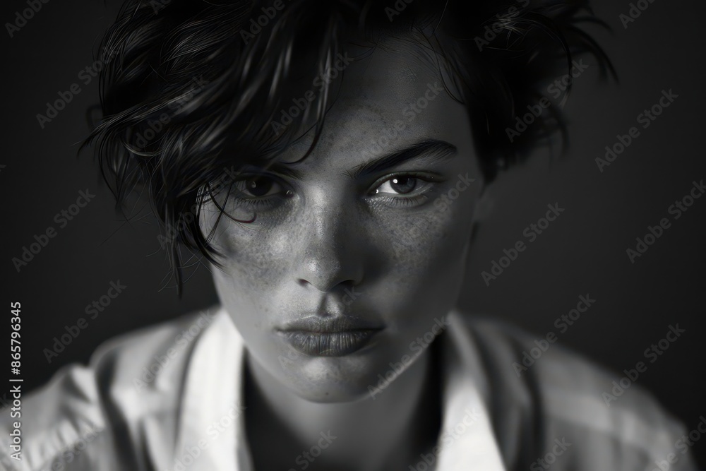 enigmatic black and white portrait of an androgynous figure with short ...