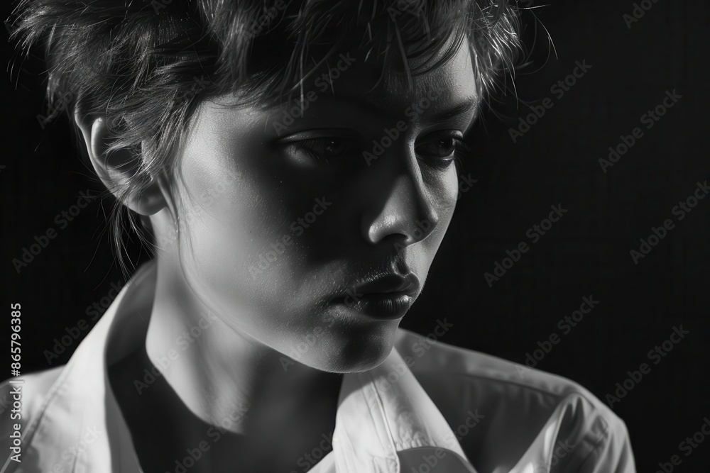 enigmatic black and white portrait of an androgynous figure with short ...