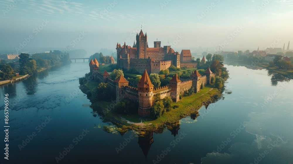 Elevated view of Malbork Castle, the largest brick castle in the world ...