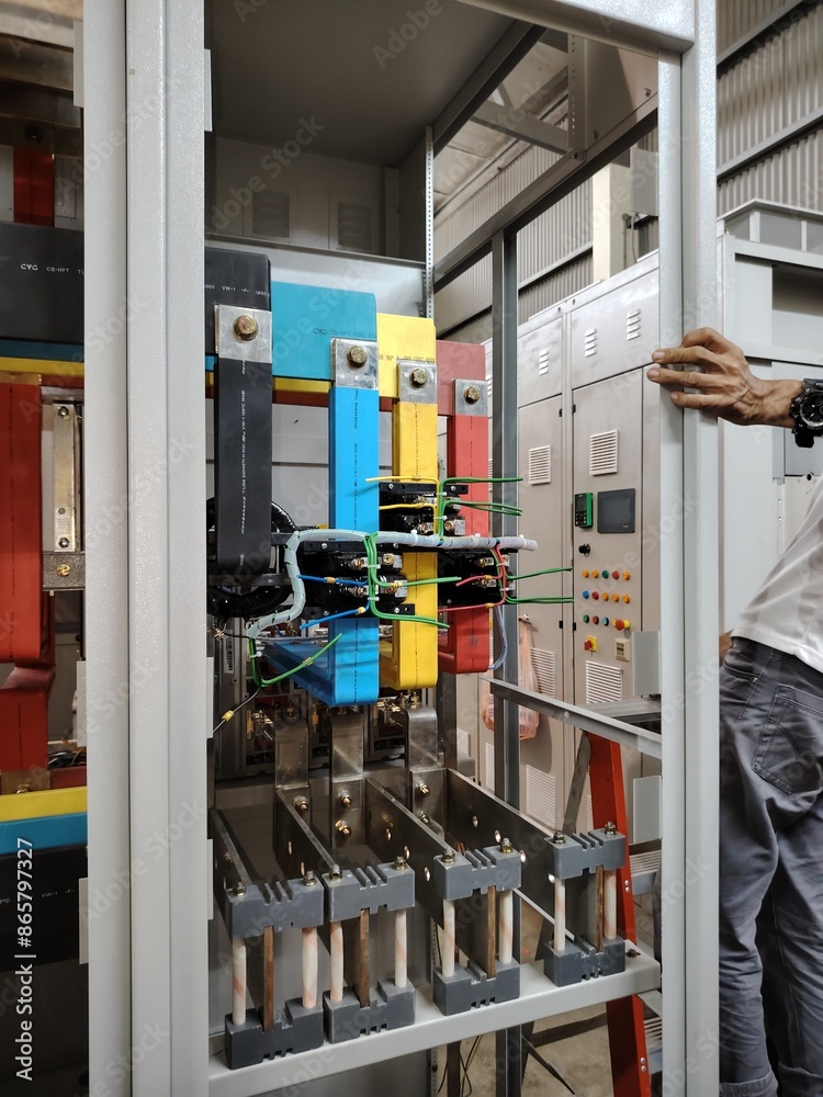 Image of three phase copper busbar connection in low voltage ...