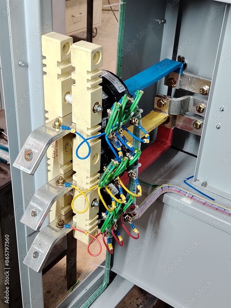 Image of three phase copper busbar connection in low voltage ...