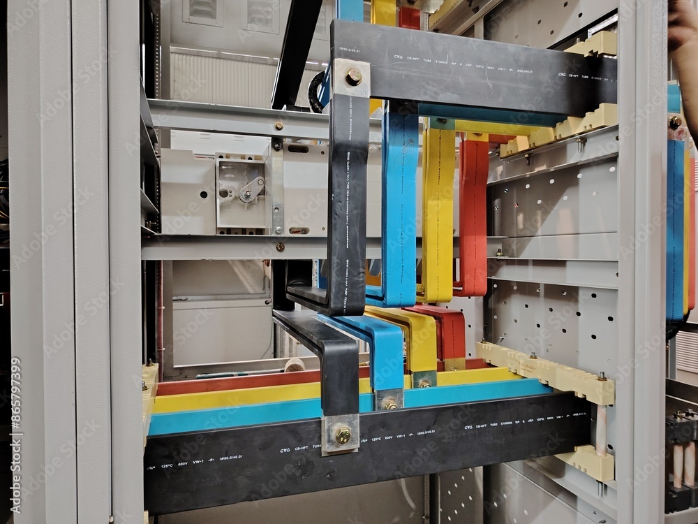 Image of three phase copper busbar connection in low voltage ...