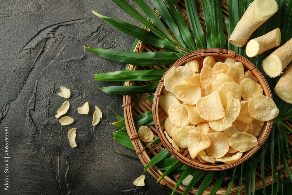 Indonesian cassava chips and tapioca root on tray with palm leaves Top ...