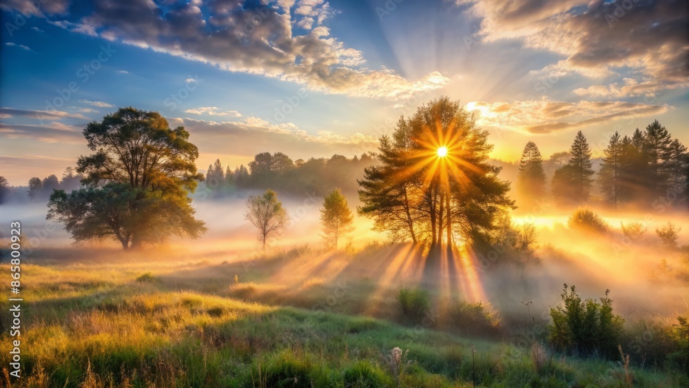 Silky mist veils serene morning landscape, luminous sunbeams pierce ...