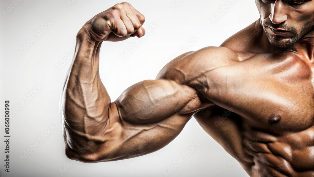 Muscular arm bent at elbow, clenched fist, and toned bicep showcased ...