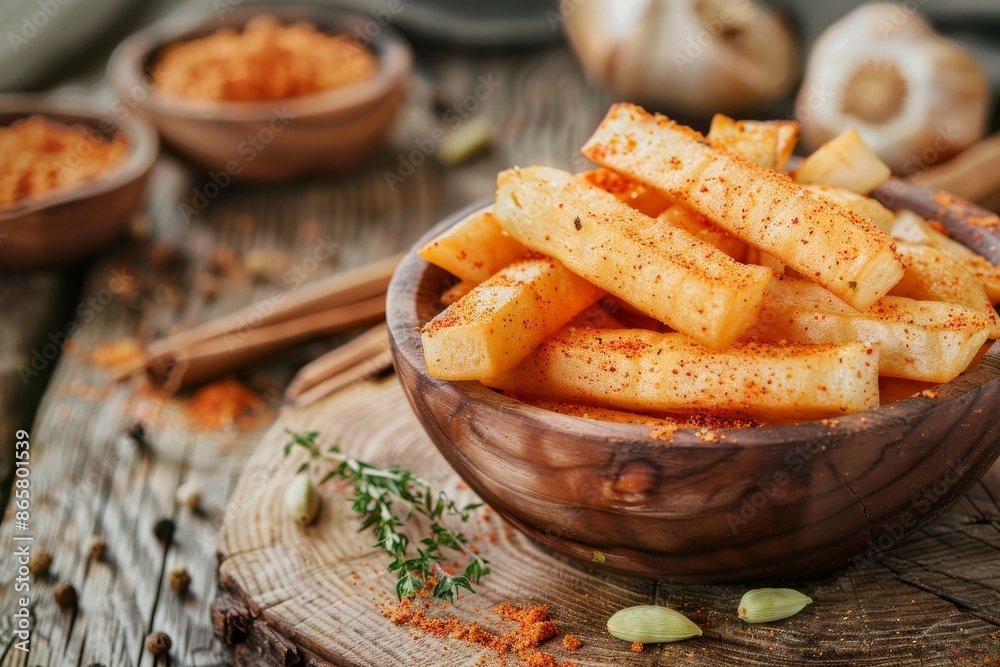 Kerala snack food spiced and salty tapioca sticks chips fried with ...