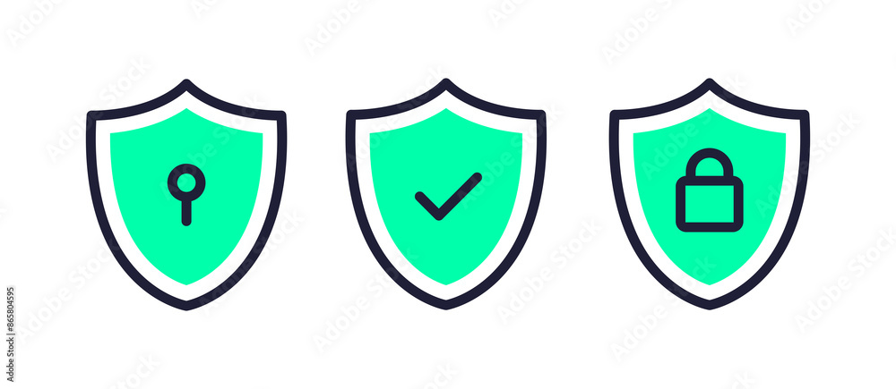 Security shield icons, security shields symbols with check mark, padlock and key hole. Safety ...