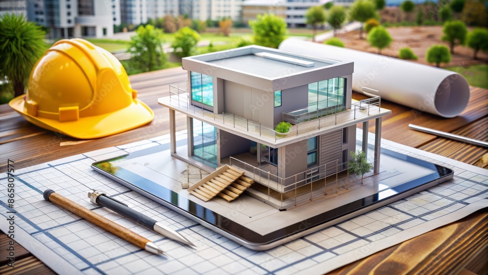 Modern architectural design concept with building model, blueprints ...