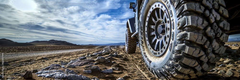 Foto de Close-up of off-road truck with large all-terrain tires on a ...