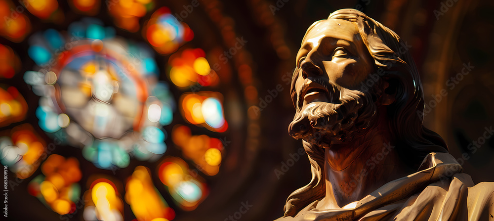 Jesus Christ. Statue of Jesus in a church, stained glass in background ...