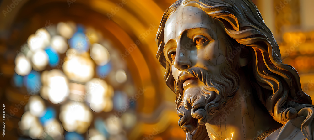 Jesus Christ. Statue of Jesus in a church, stained glass in background ...