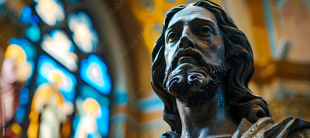 Jesus Christ. Statue of Jesus in a church, stained glass in background ...
